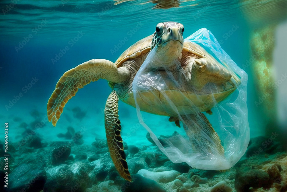 Umweltverschmutzung durch Plastikmüll im Meer. Schildkröte in ...