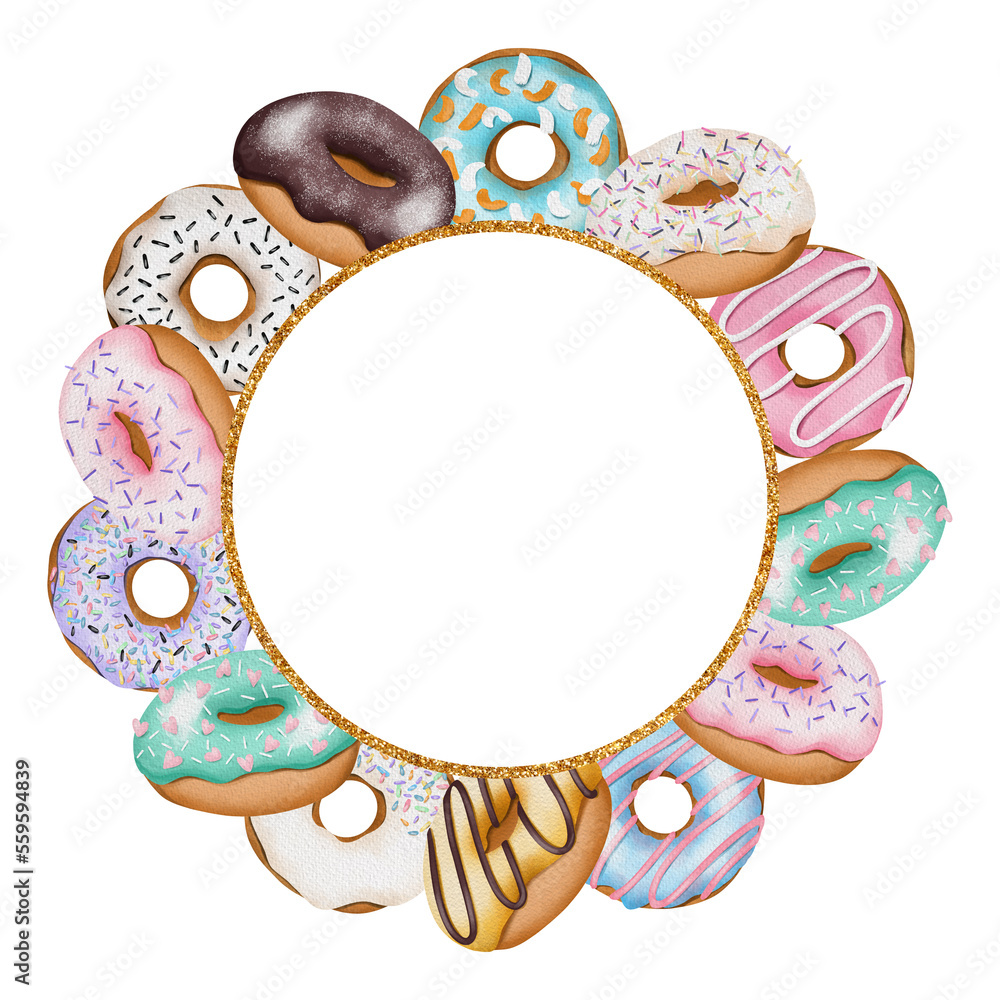 Round frame of colorful glazed donuts, hand drawn illustration on white ...
