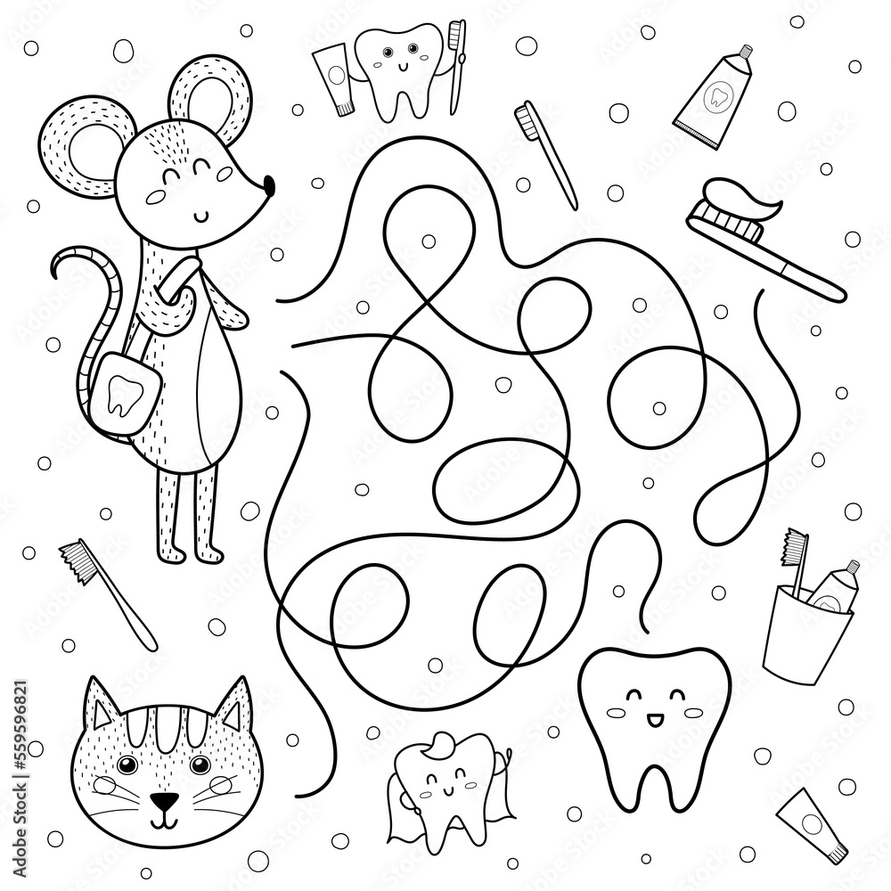 Funny dental maze game for kids. Help the cute mouse get to the tooth ...