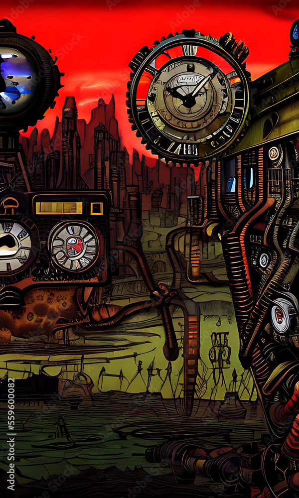 Generative AI, weidcore based vivid impact images depicting steampunk ...