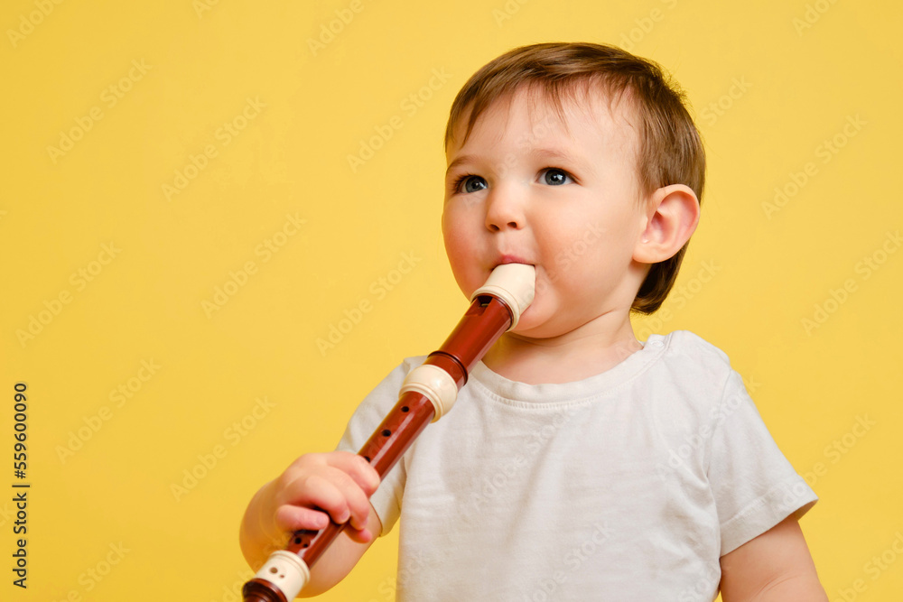 Toddler baby plays the flute, a child with a wind musical instrument on ...