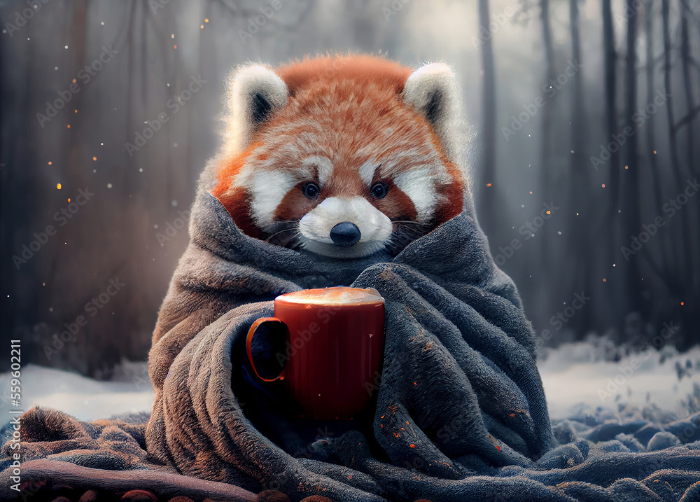 Good morning. Red panda drinks hot cappuccino from a ceramic mug ...