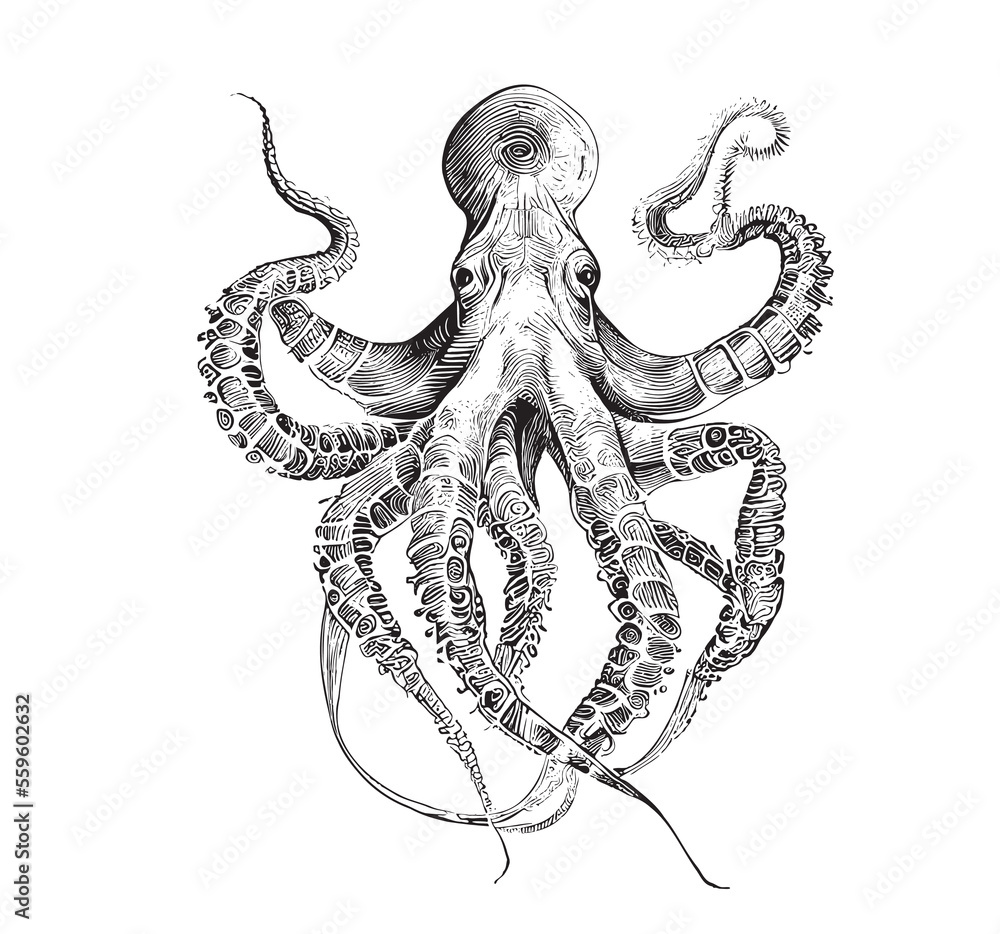 Sea octopus hand drawn sketch Underwater world Vector illustration ...