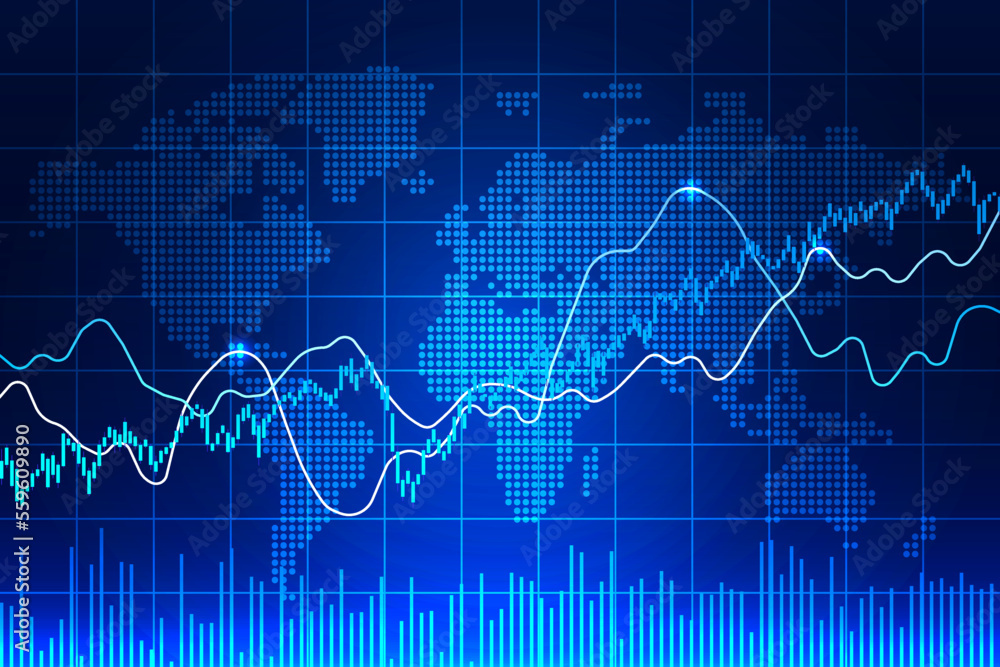 Candlestick chart, line graph and bar chart. World stock market index ...