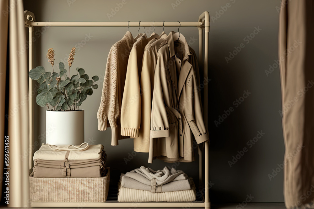 a storage shelf with a shelf of clothes on it, on a cream backdrop. a ...