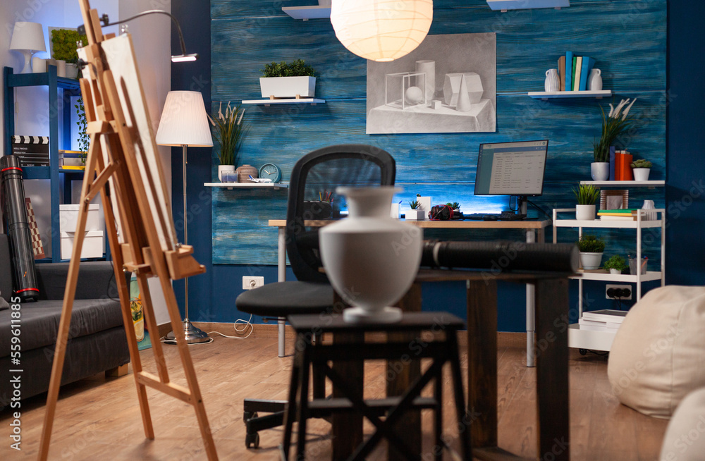 Modern art studio in person with artistic skills home. Empty ...