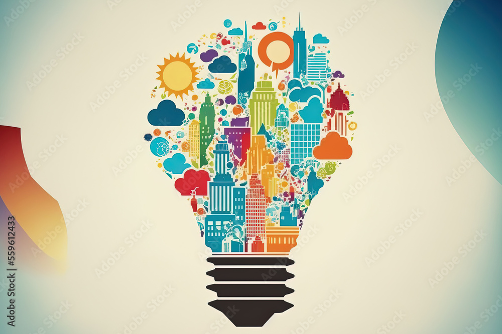 In the shape of a light bulb, this illustration depicts brainstorming ...