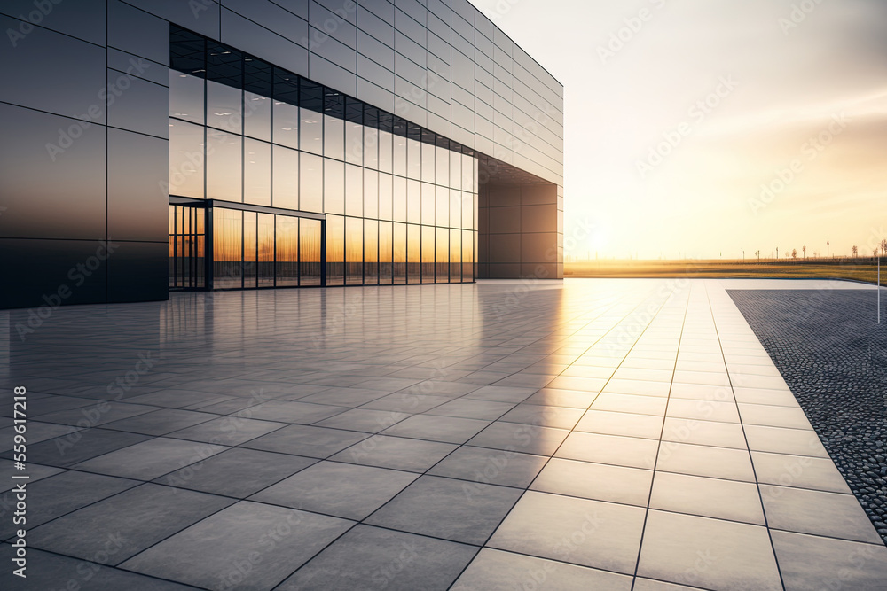 Steel paving on an empty cement floor with a contemporary building's ...