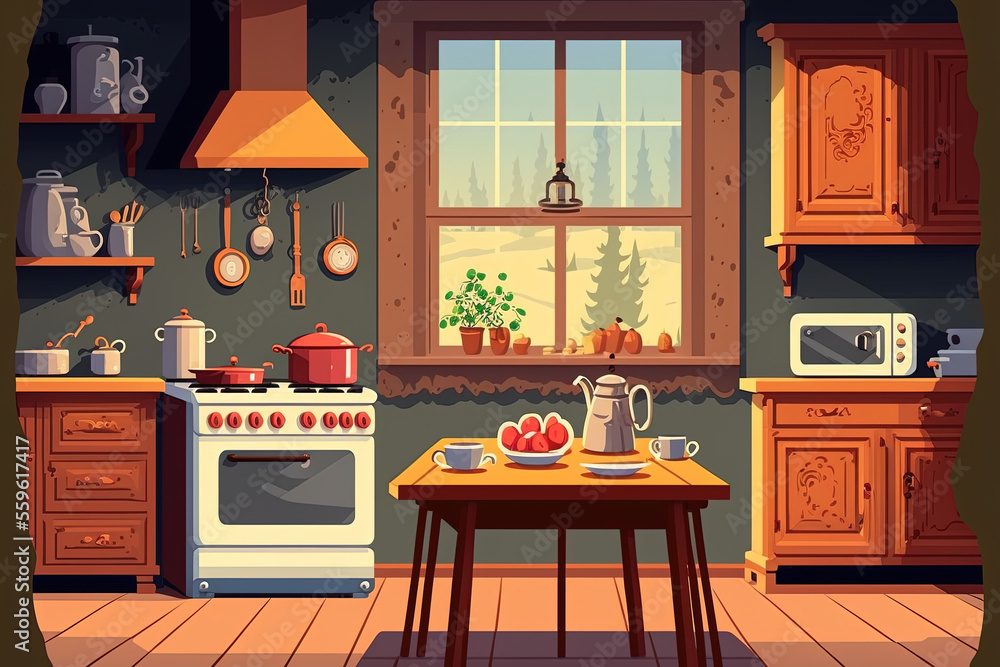 With a classic stove, wooden table, seat, cuckoo clock, samovar, grip ...