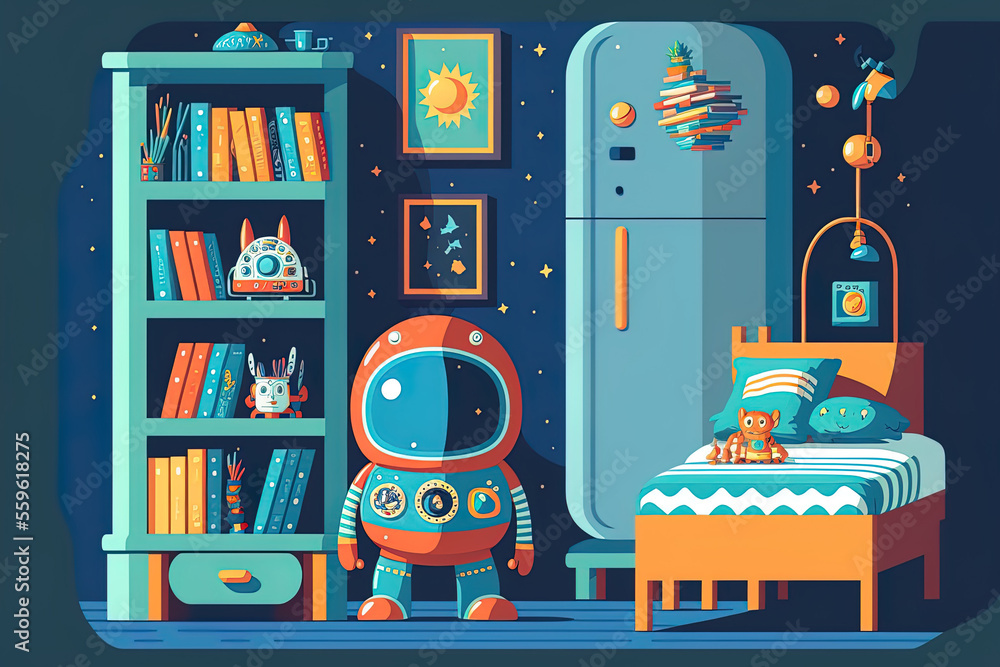 Bedroom for boys with bed, bookcase, cabinet, chair, and toy box ...