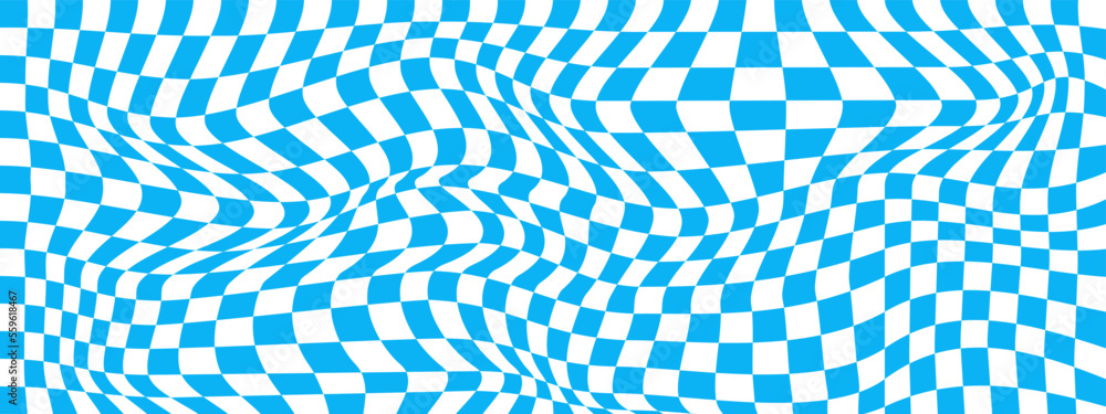 Distorted chess board background. Checkered optical illusion. Psychedelic pattern with warped ...