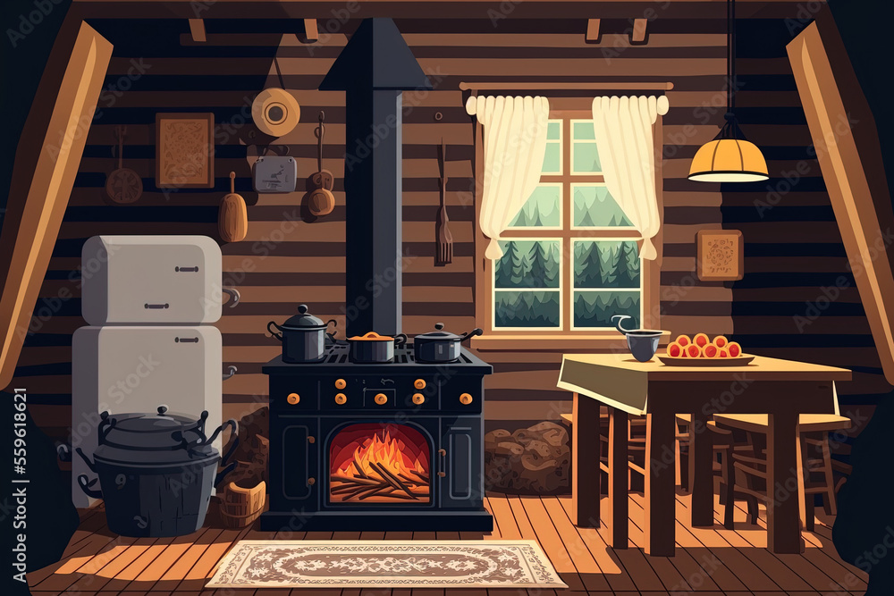 The inside of the Russian cabin was empty. Stove, pots, seat, rug ...