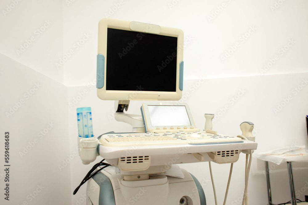 modern ultrasound machine in a hospital on a white background with a ...