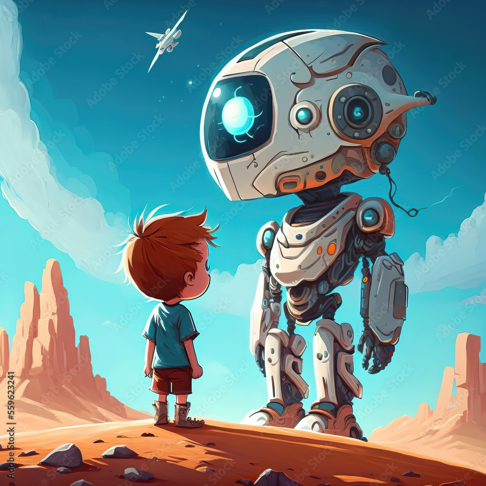 Cartoon kid with robot. sketch art for artist creativity and ...