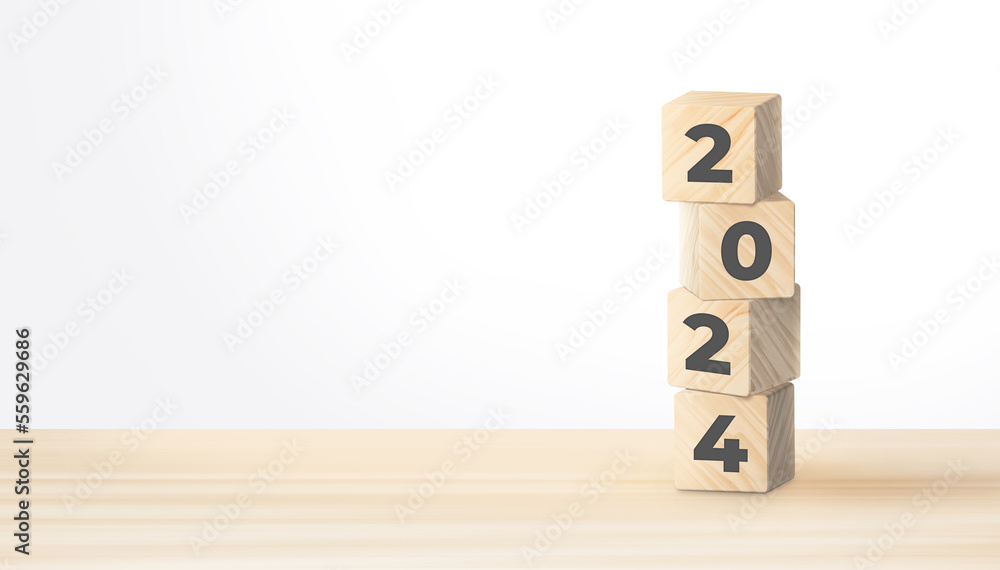 2024 year numbers on wooden cube blocks stack on white background with ...