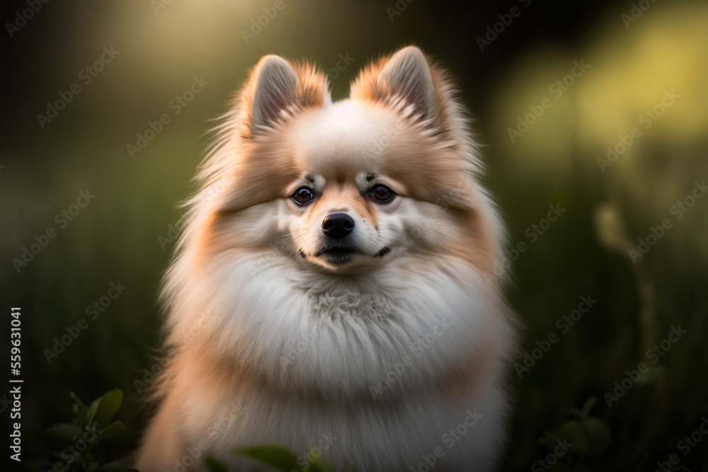 A portrait of a furry German Spitz outdoors in the golden hour. Focused ...