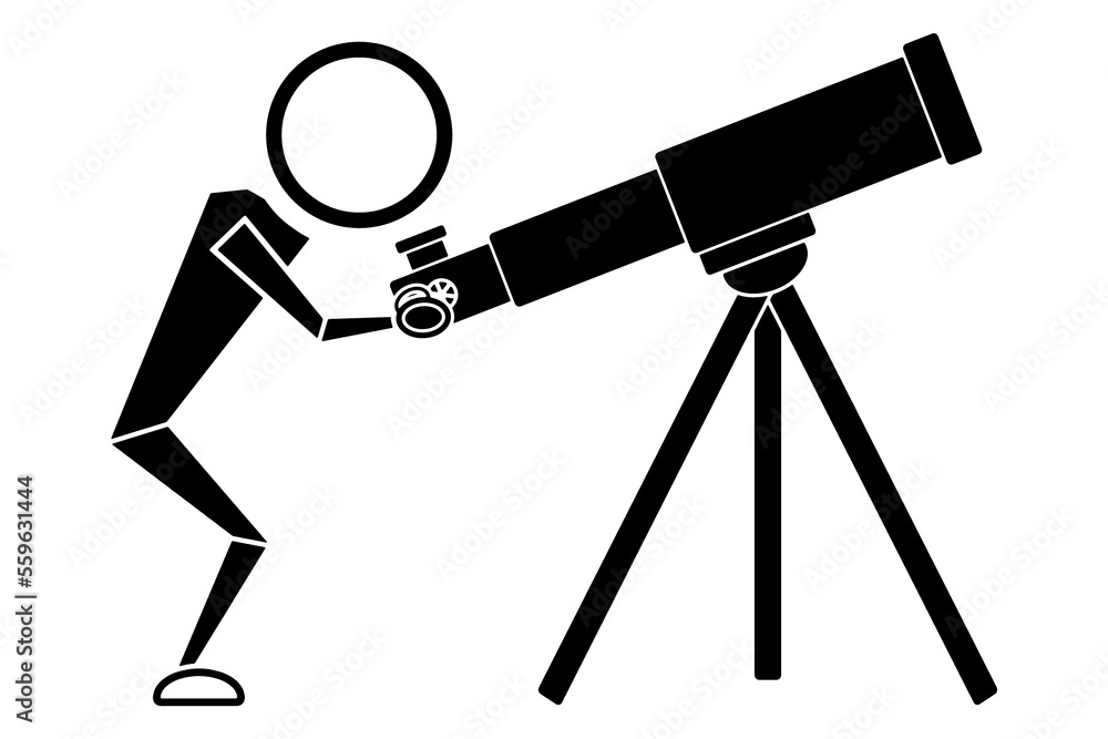 Simple illustration of stick man looking through telescope. Line art ...