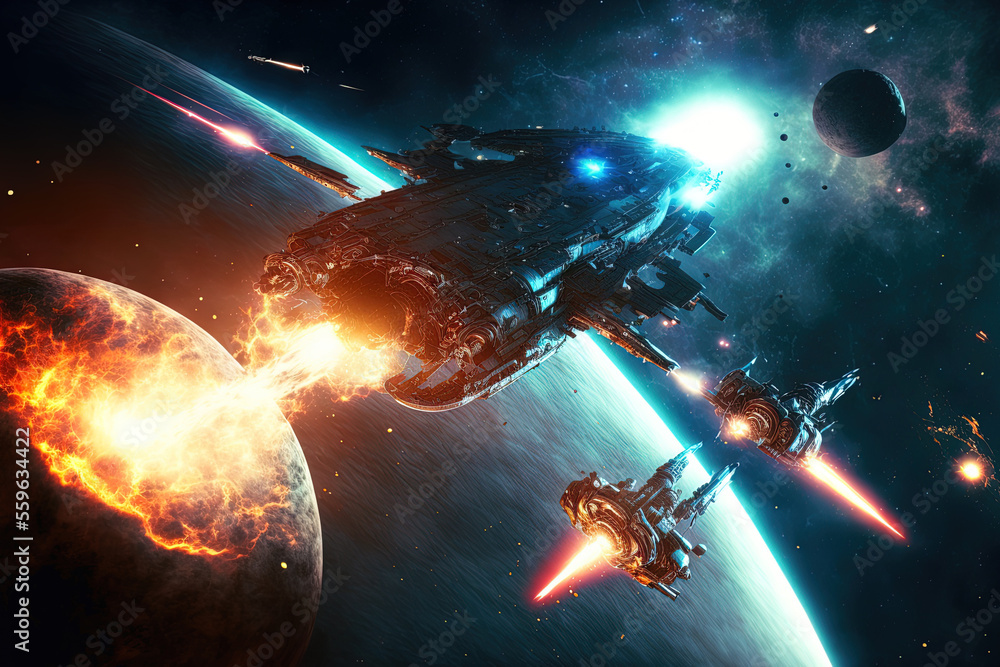 Space combat between battle cruisers and spacecraft with laser fire ...