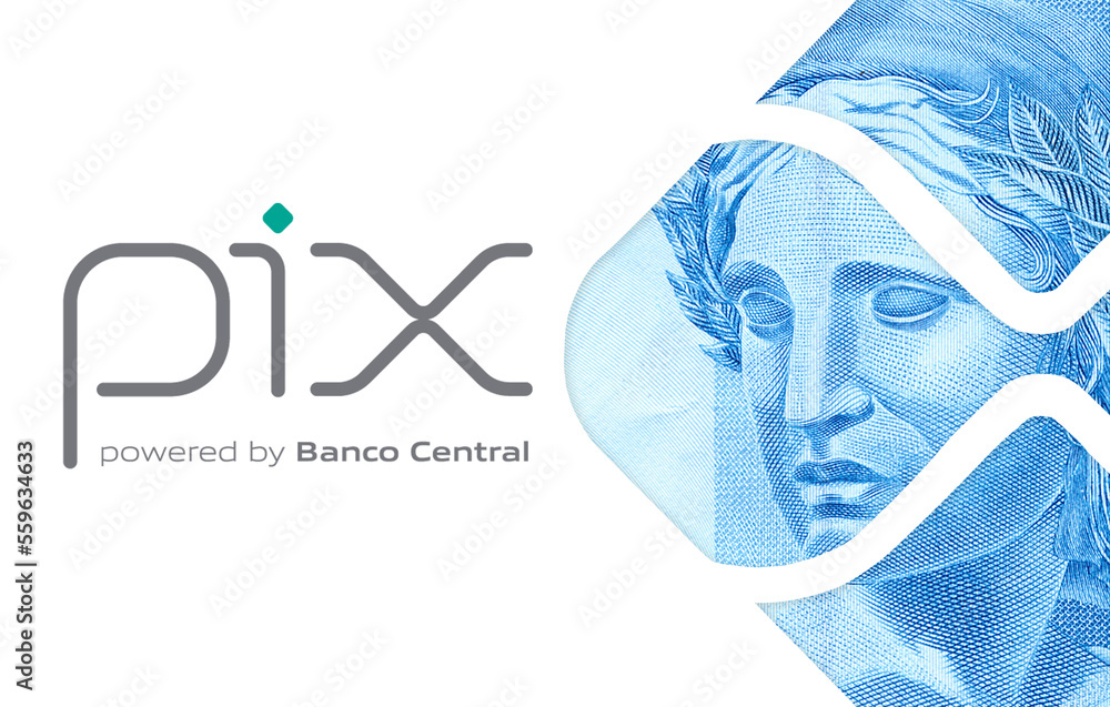 Brazilian currency 100 Reais note cut in the shape of the PIX logo ...