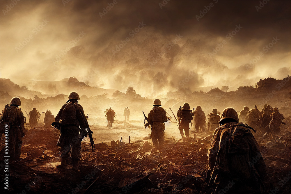 Splendid art of apocalyptic ruined landscape devastated by war ...