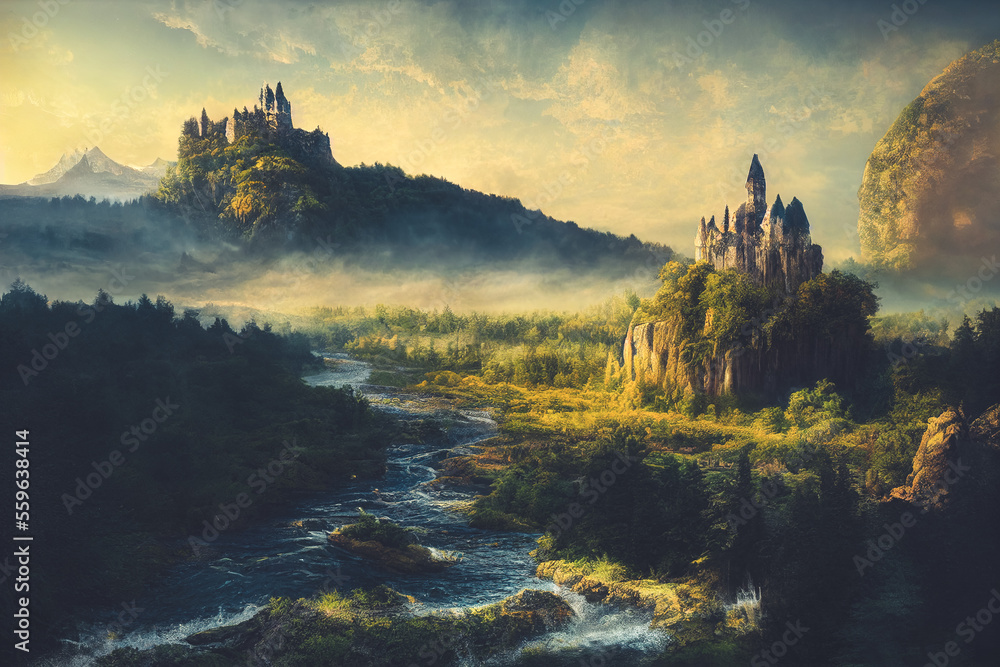 ภาพประกอบสต็อก Beautiful digital art generative AI of fantasy fairy tale castle on waterfall ...