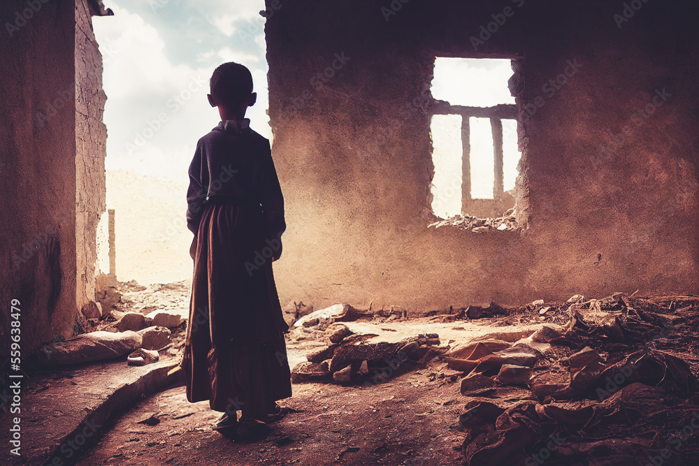 Antiwar concept background rear view of ruined and broken house or ...