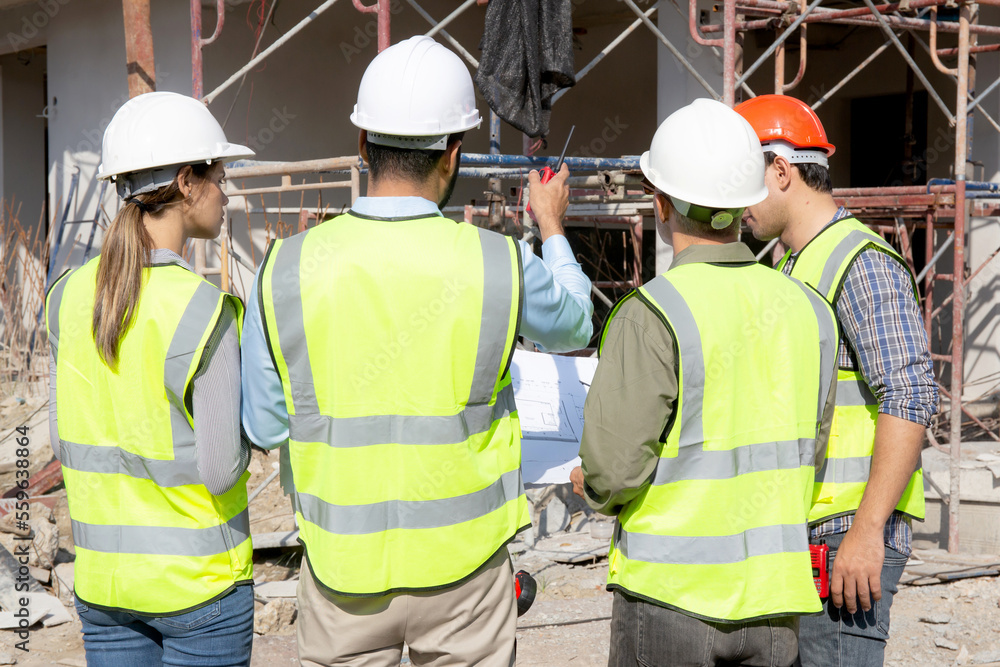 Team group of contractor and architect with foreman explaining about ...
