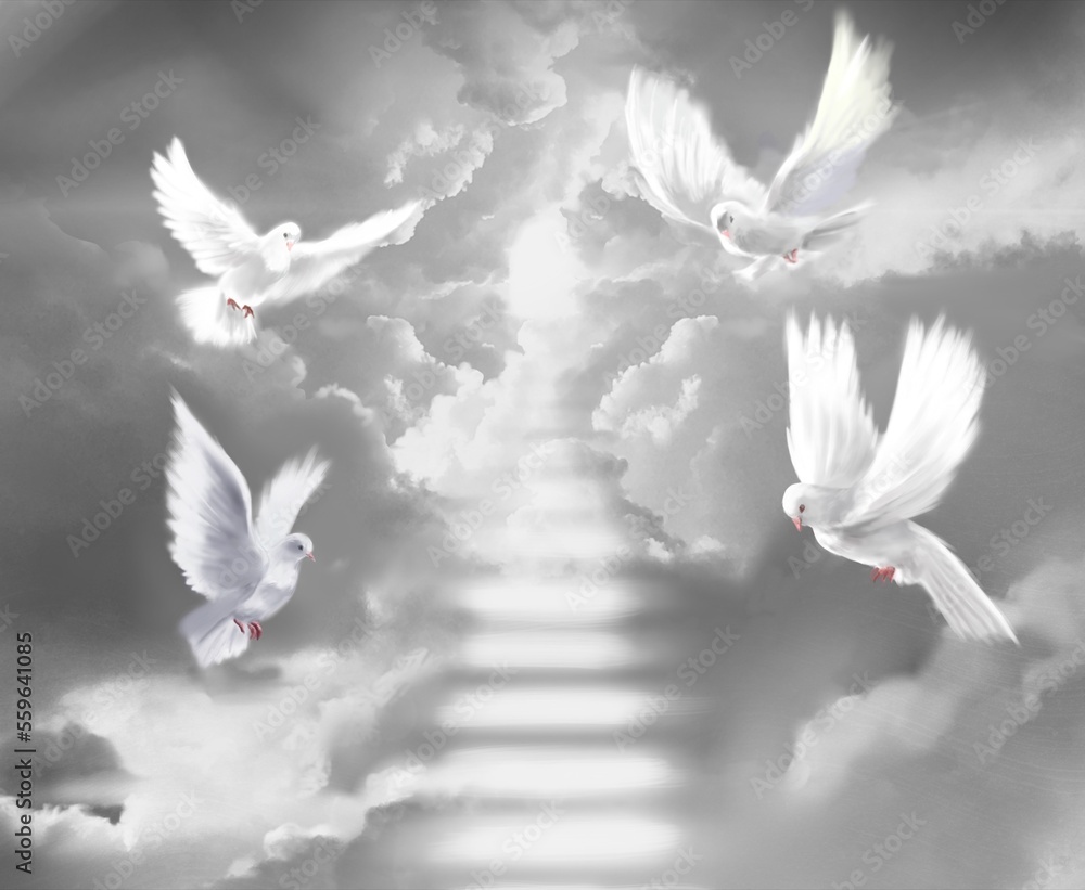 The flying four white doves around clouds stairs leading to shining ...