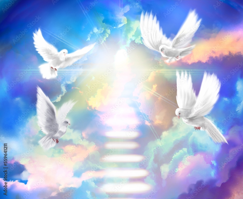 The flying four white doves around clouds stairs leading to shining ...