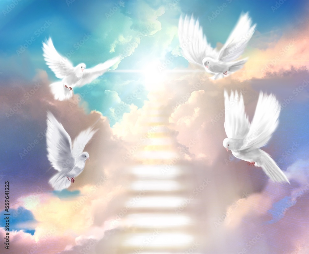The flying four white doves around clouds stairs leading to shining ...
