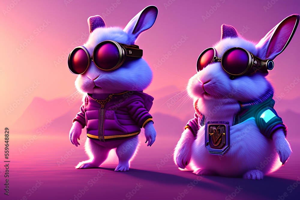 anamorphic cute rabbit baby, smiling, cyberpunk sunglass, gangsta gold ...
