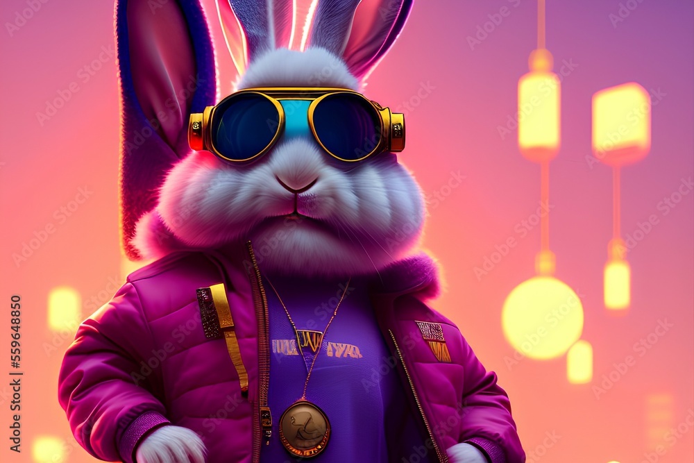 anamorphic cute rabbit baby, smiling, cyberpunk sunglass, gangsta gold ...