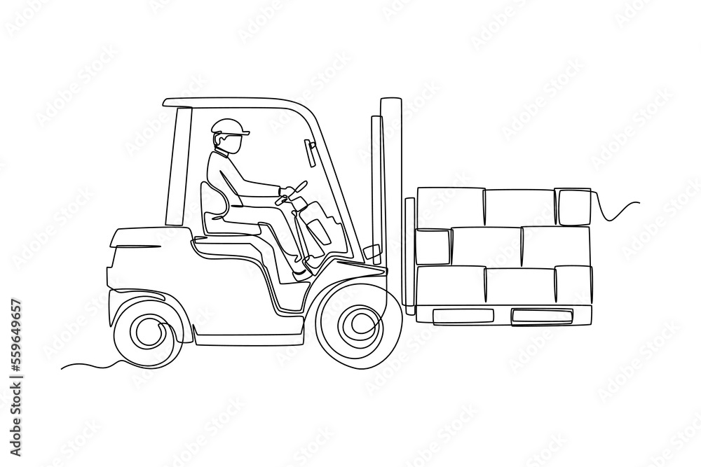 Continuous one line drawing man driving forklift truck to moving boxes ...