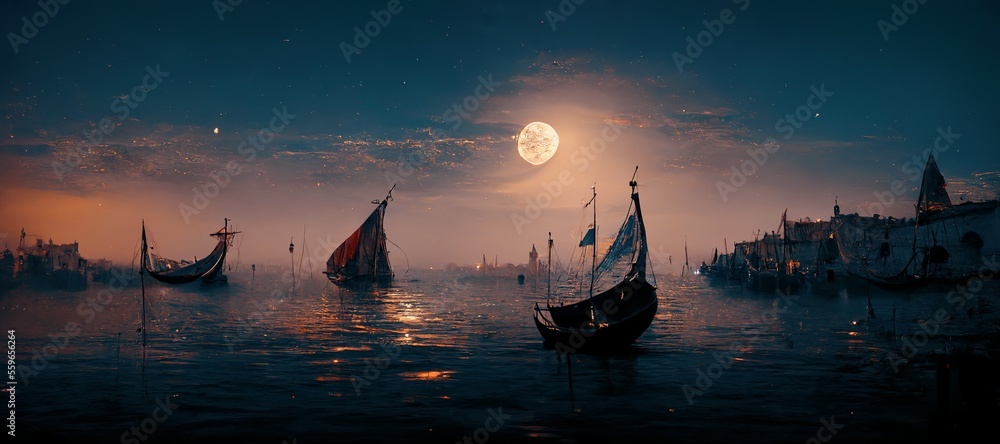 Ilustracja Stock: AI generated fantasy coastal town with sailing ship ... Ilustracja Stock: AI generated fantasy coastal town with sailing ship ...