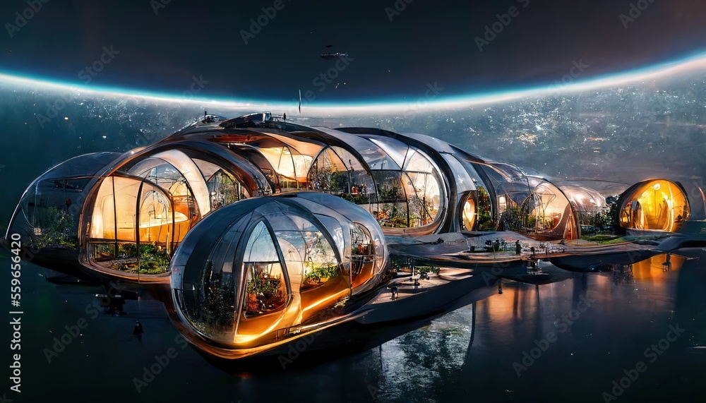Space expansion concept of human settlement in alien world with green ...