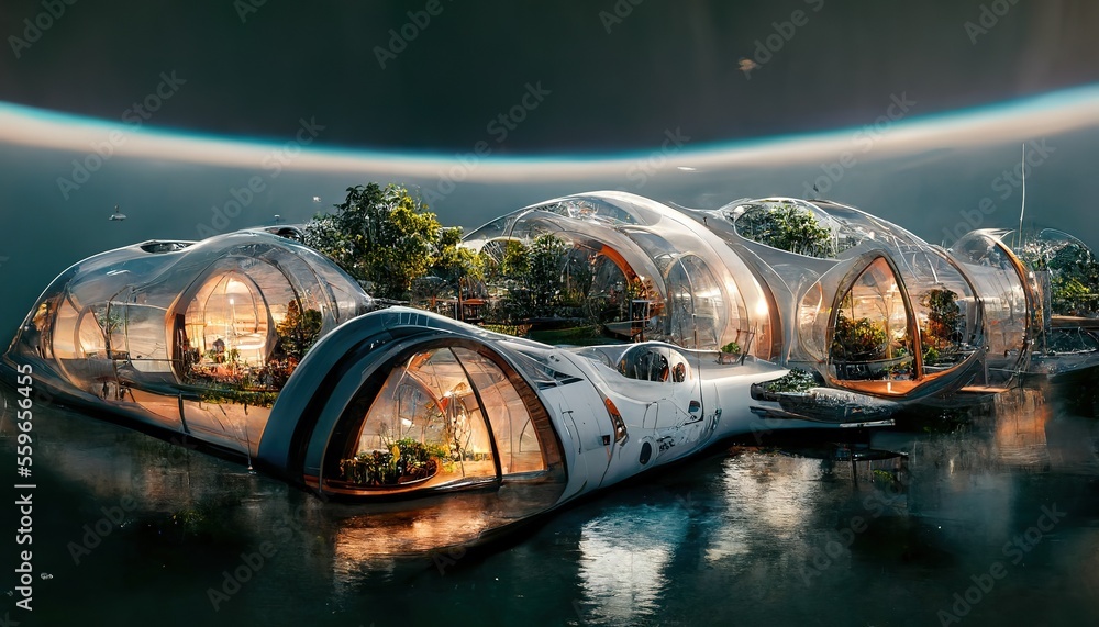 Space expansion concept of human settlement in alien world with green ...