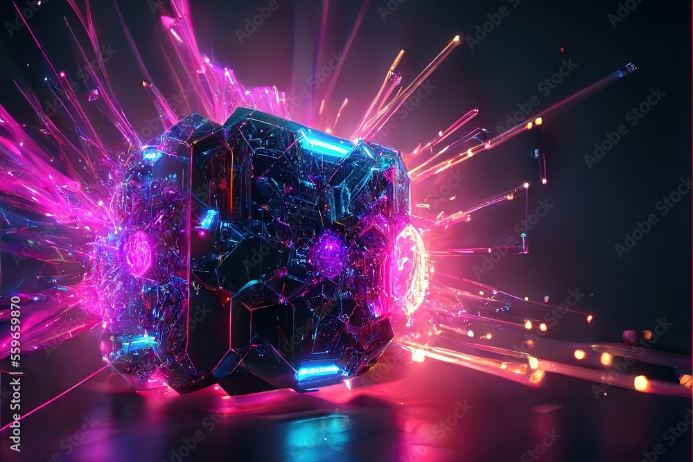 Blockchain glow, purple neon, blue digital environment with a cube ...