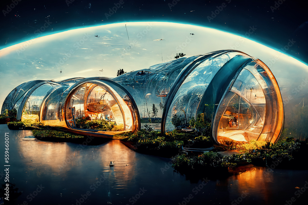 Space expansion concept of human settlement in alien world with green ...