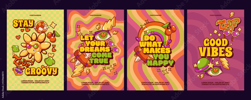 Retro groovy vibe posters with motivation phrases. Vector illustration ...