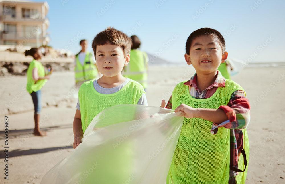 Children, portrait or trash collection bag in beach waste management ...