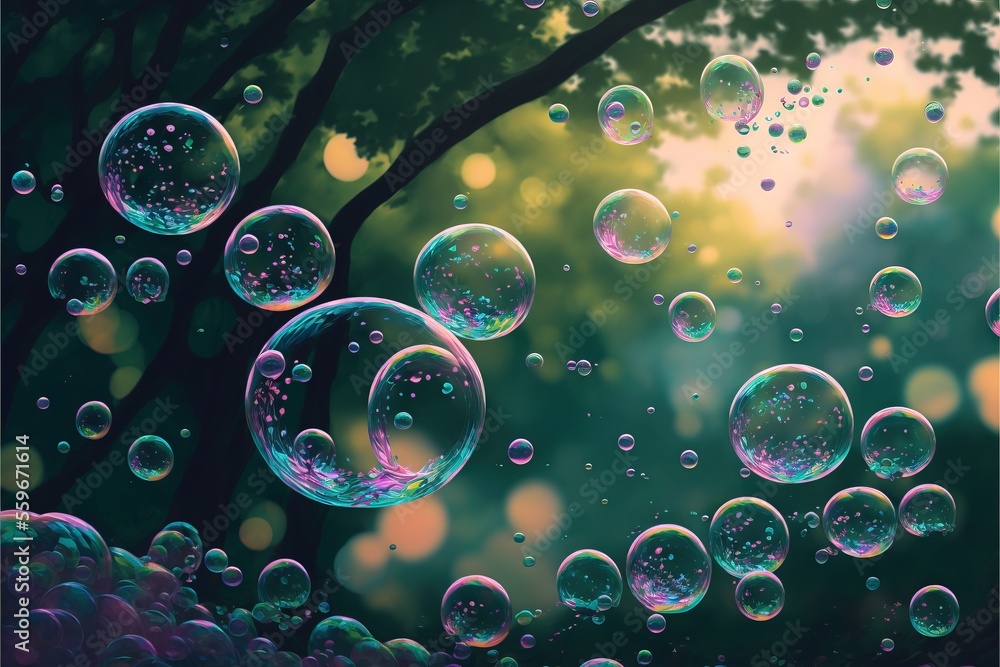 a bunch of bubbles floating in the air near a tree and a sky background ...