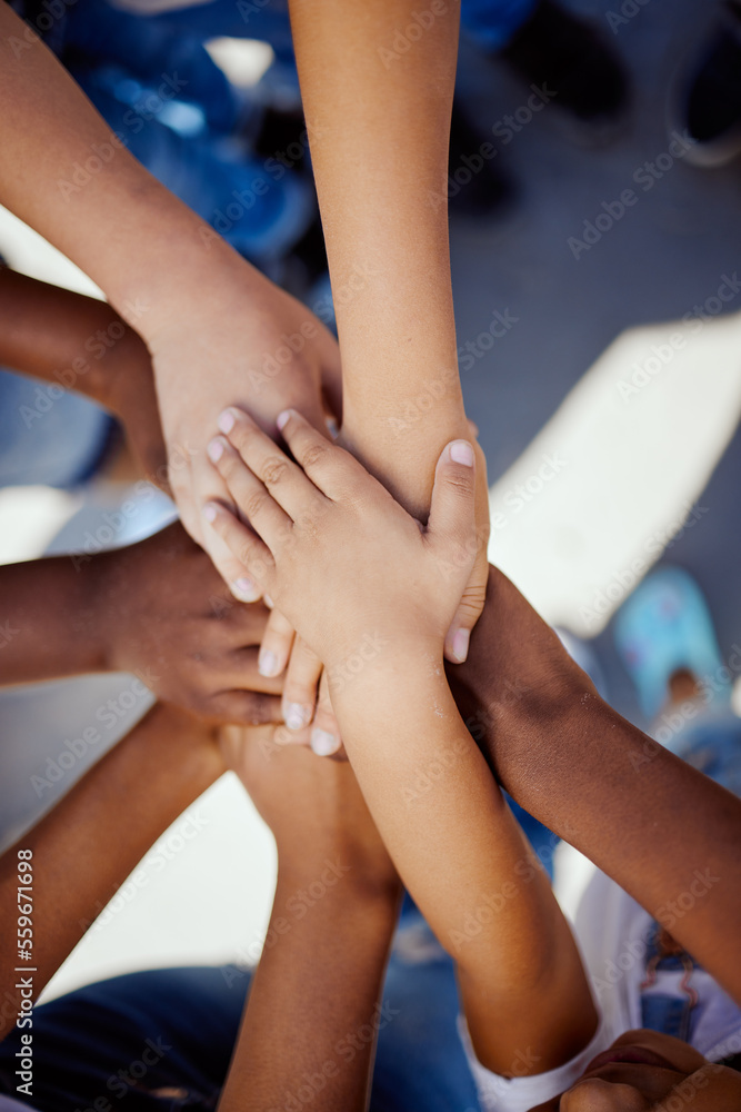 Hands, together and support, children solidarity and trust, commitment ...