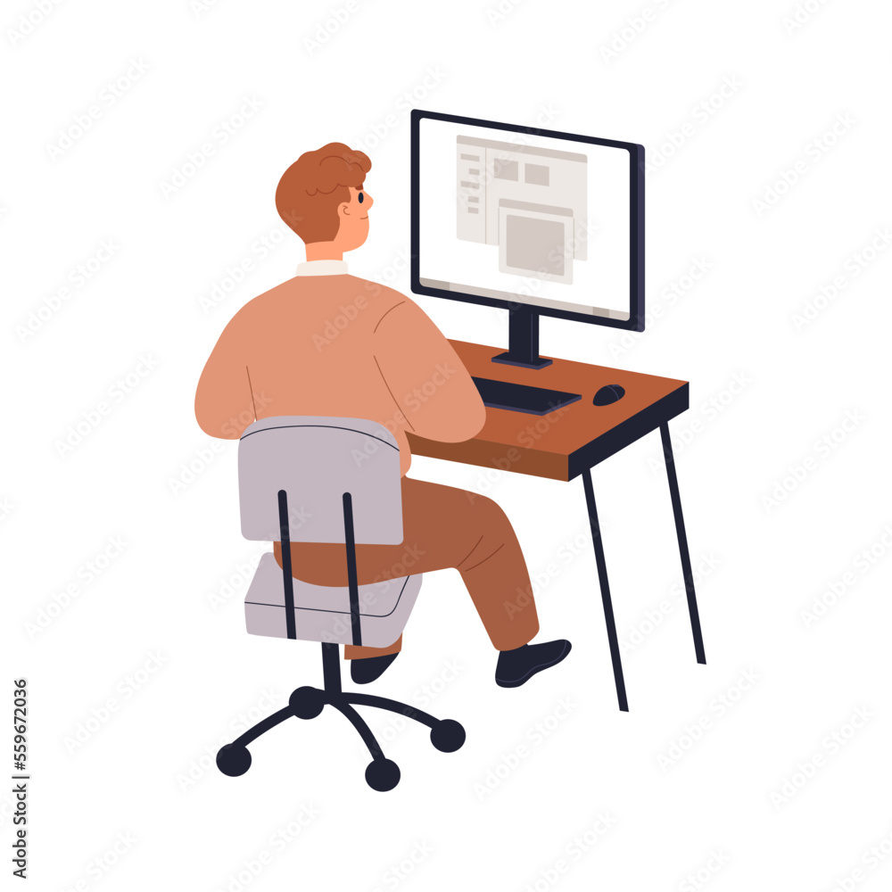 Teenager student at computer desk. School boy, pupil studying at ...