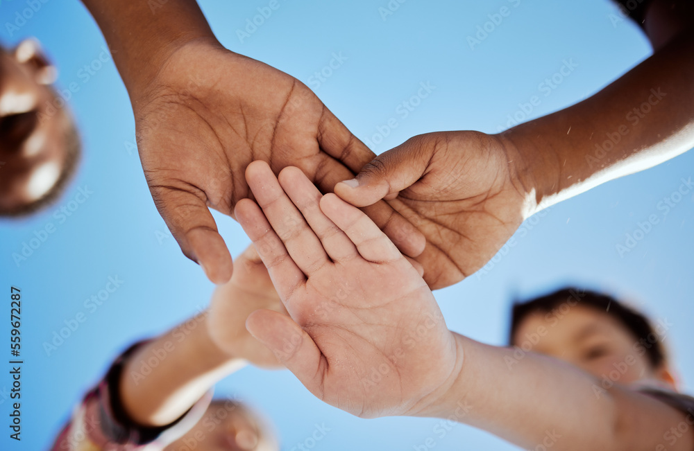Diversity, stack of hands and children in unity, support or solidarity ...