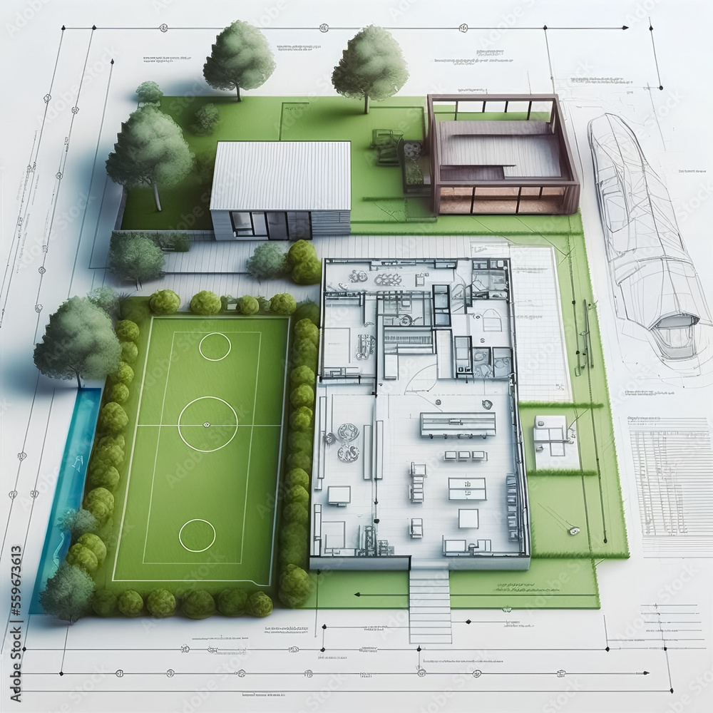 Building house on blueprints architectural construction model ...