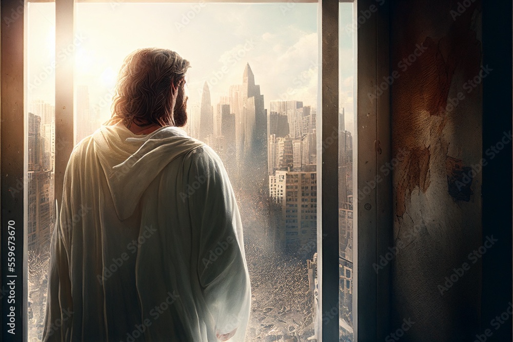 Jesus Christ watching the city in ruin through a window, generative ai ...