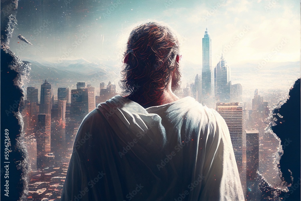 Jesus Christ contemplating the great city in ruins, generative ai Stock ...
