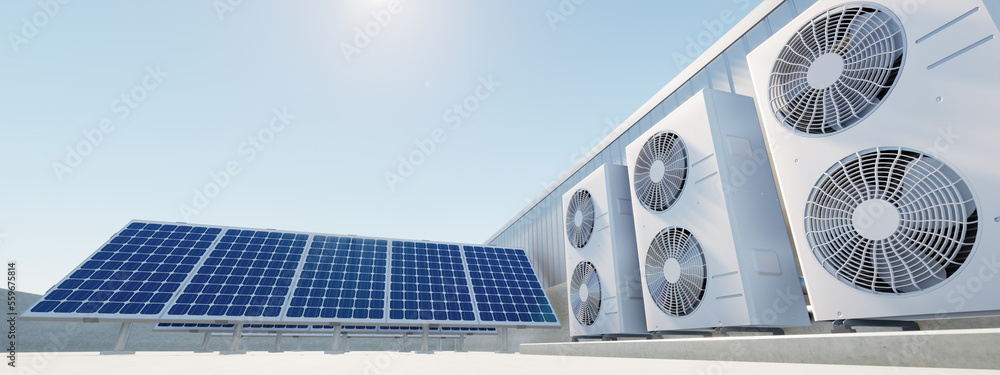 3d rendering of photovoltaic cell on solar panel, condenser unit or ...