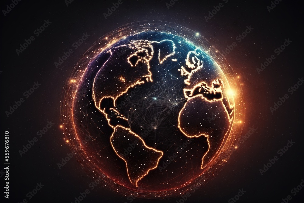 a glowing earth with a dark background and stars in the sky, with a ...