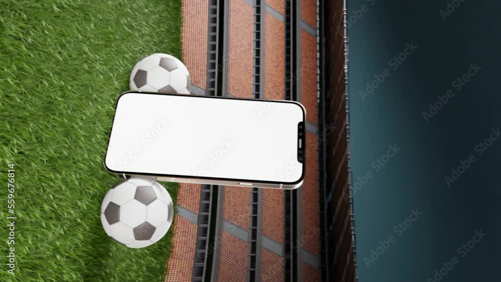 Smartphone blank screen mockup in soccer stadium with football balls ...